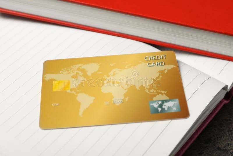 Credit Card and Open Notebook on Table, Closeup Stock Image - Image of ...