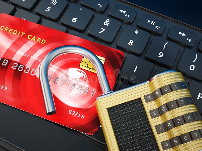 Credit Card and Padlock Standing on Laptop Computer. 3D Illustration ...