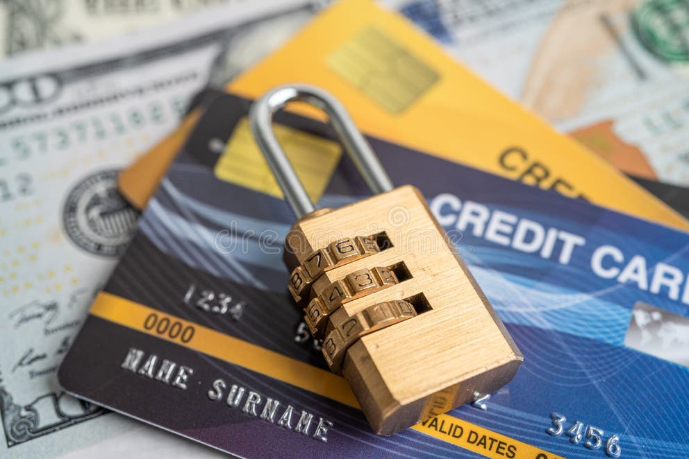 Credit Card with Password Key Lock Security on US Dollar Background ...
