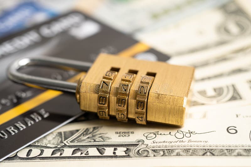 Credit Card with Password Key Lock Security on US Dollar Background ...