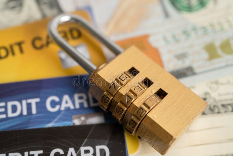 Credit Card with Password Key Lock Security on US Dollar Background ...