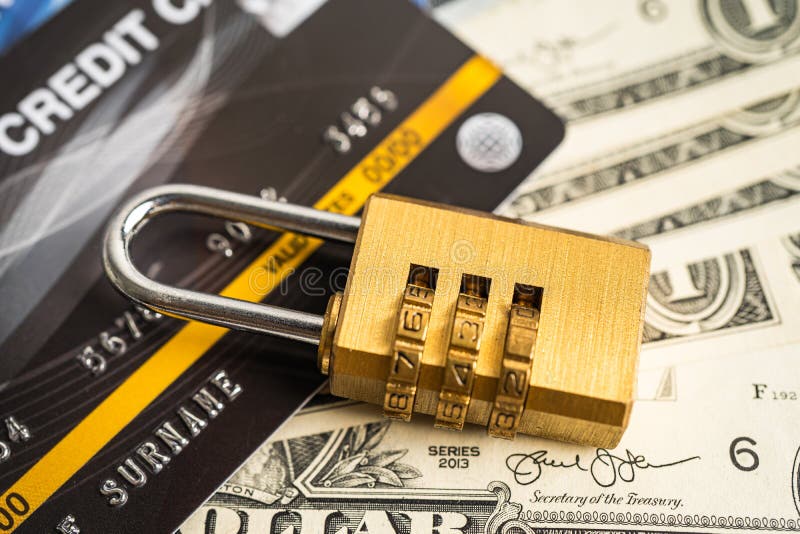 Credit Card with Password Key Lock Security on US Dollar Background ...