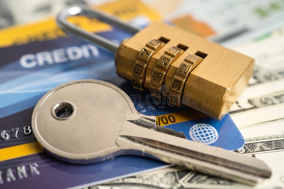 Credit Card with Password Key Lock Security on US Dollar Background ...