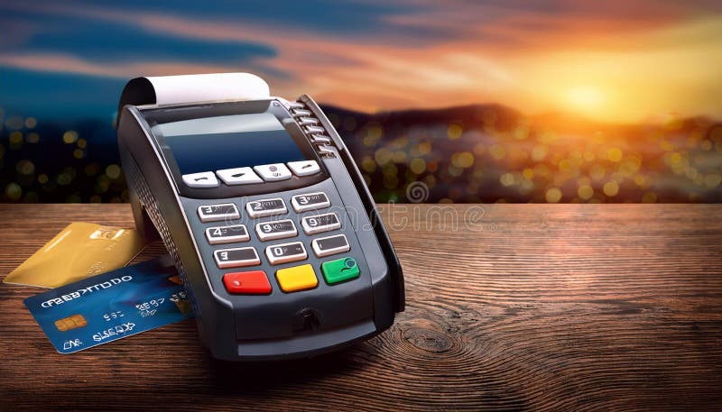 A Credit Card and Payment Terminal Sit on a Table at Sunset, Ready To ...