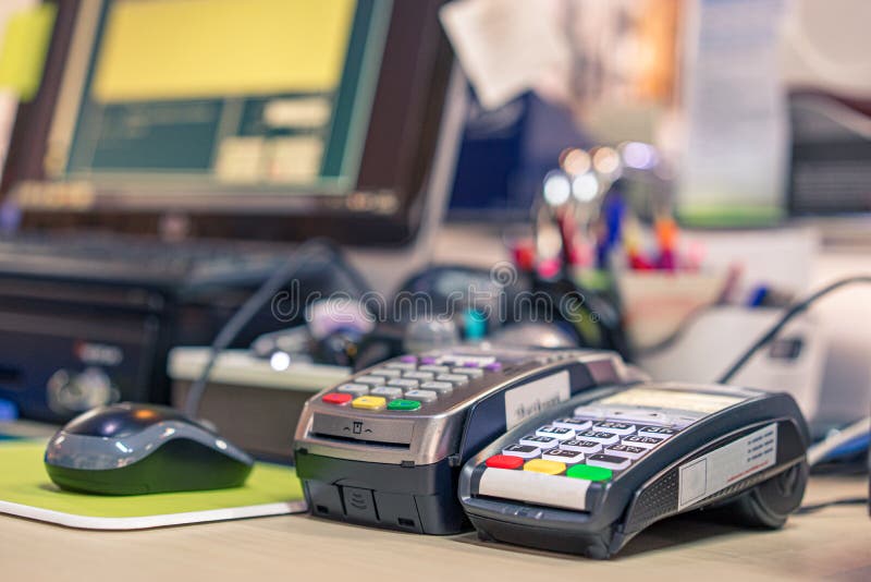Credit Card Reader Machine on Cashier Desk Stock Photo - Image of debit ...