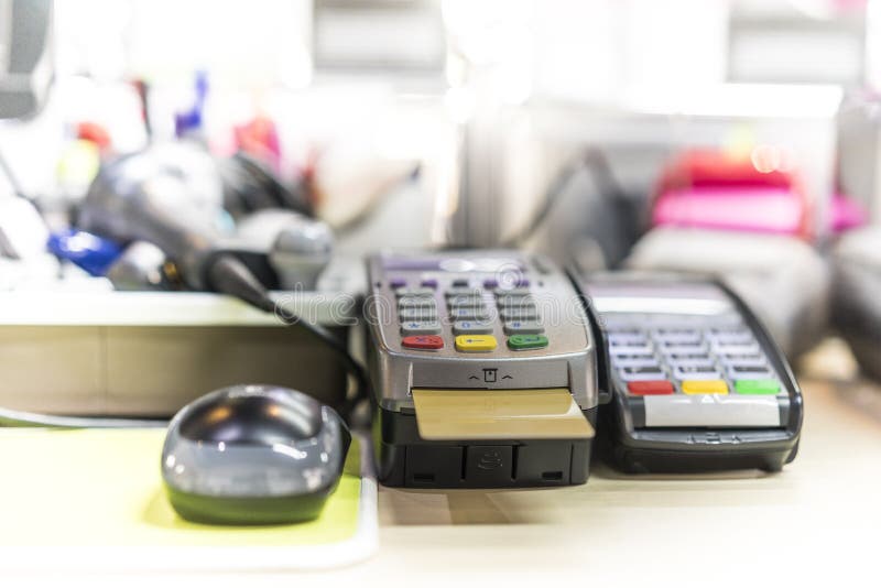 Credit Card Reader on Cashier Desk Stock Image - Image of checkout ...