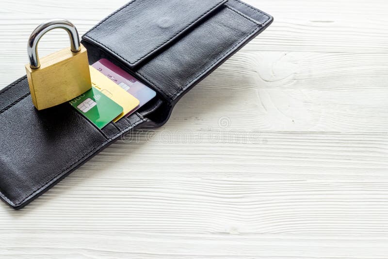 Credit Card Security Concept with Lock, Wallet on White Desk Copy Space ...