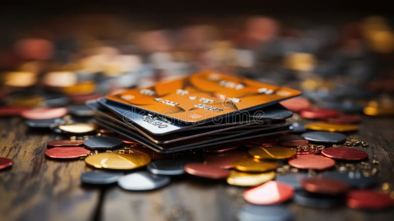 Credit Cards and Coins on Wooden Table. Generative AI Stock ...