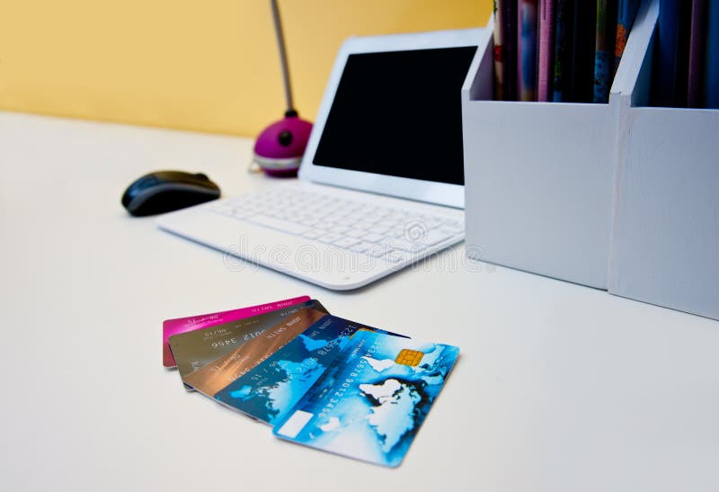 Credit Cards on the Desk with Computer Stock Image - Image of internet ...