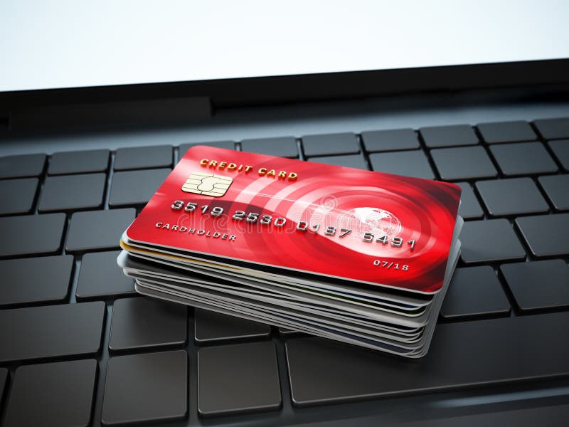 Credit Cards Standing on Laptop Computer Keyboard. 3D Illustration ...