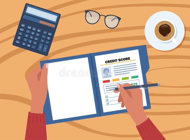 Credit Score Report in Opened Folder. Human Hands with Pen. Coffee and ...