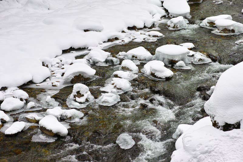 Icy Cold Water Stream Over Stony Ground Snow Landscape Stock Photo ...