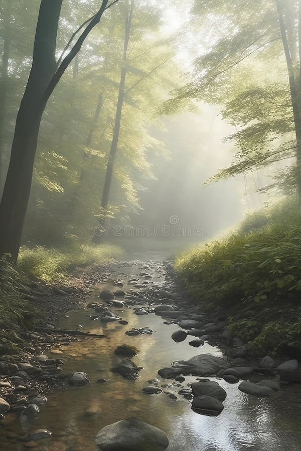 Creek Running through Green Forest in Morning Fog Stock Illustration ...