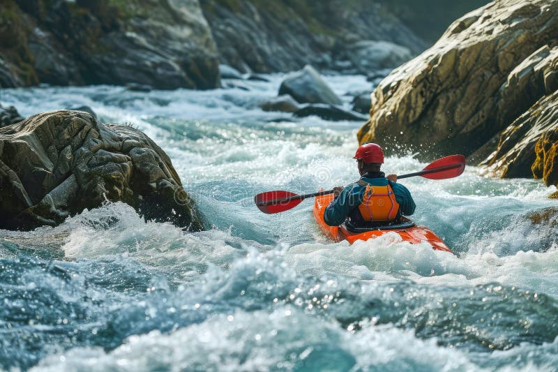 Creeking or Whitewater Kayaking in Narrow River Rapids Stock ...
