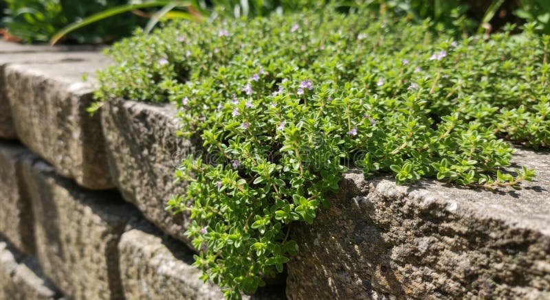 Creeping Thyme Blooming on a Stone Wall Stock Illustration ...