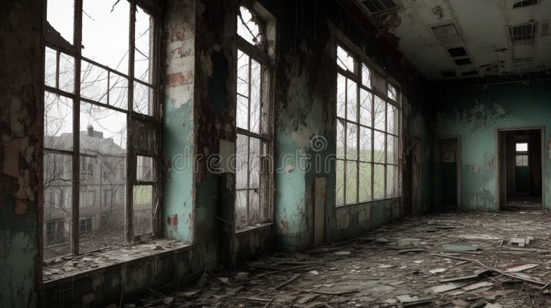 A Creepy Abandoned Asylum with Broken Windows Stock Illustration ...