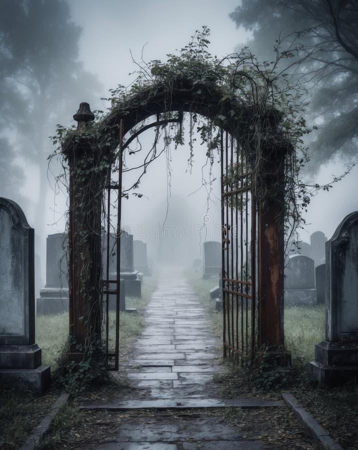 Creepy Abandoned Gate in Foggy Graveyard. Stock Photo - Image of ...