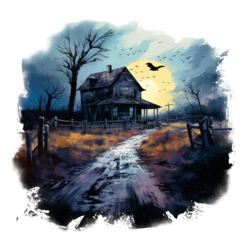 A Creepy, Abandoned House with a Single Bird Flying Overhead Stock ...