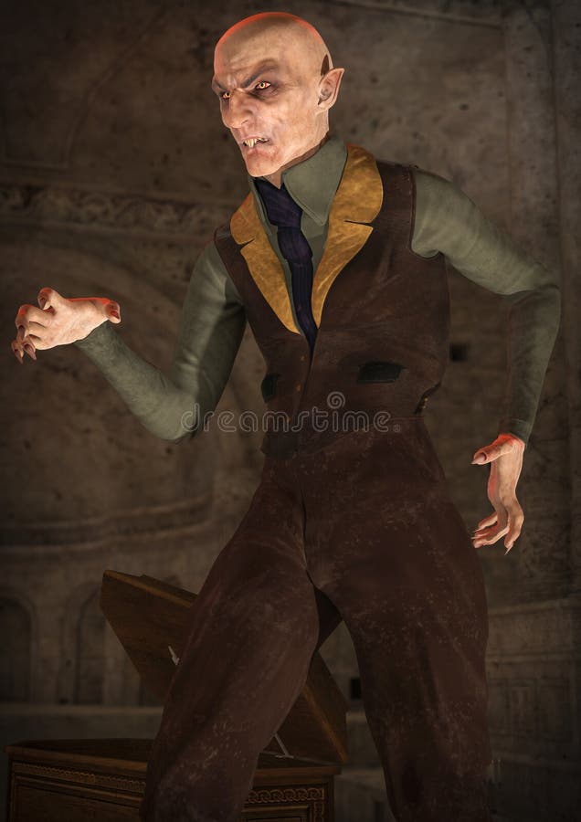Creepy Bald Vampire Nosferatu in a Crypt. Stock Illustration ...