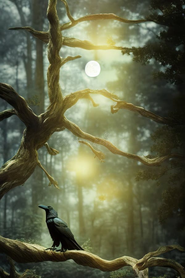 Creepy Black Crow Croaking in Misty Dark Forest on Full Moon Night ...