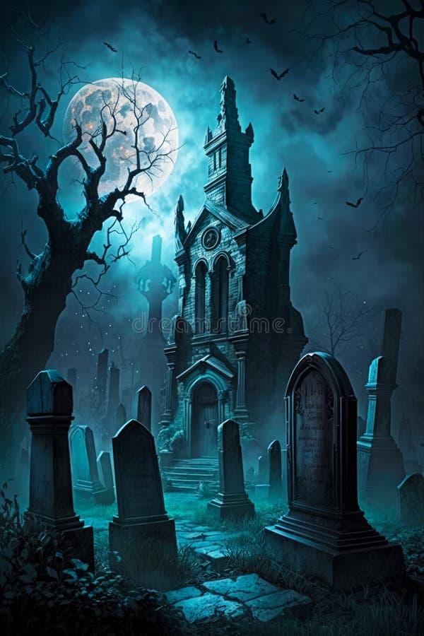 Creepy Cemetery with Full Moon in the Sky and Cemetery in the ...