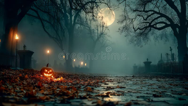 Creepy Cemetery Scene on Halloween Night Under a Full Moon Stock Photo ...