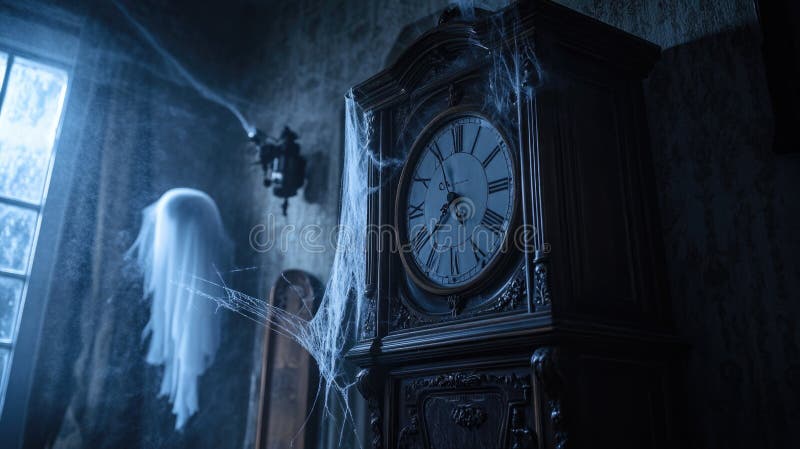 A Creepy Clock Sits on a Table in a Dimly Lit Room, with a Ghostly ...