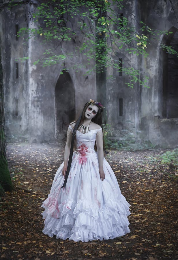 Creepy Dead Bride in Front of Abandoned Castle. Halloween Scene Stock ...