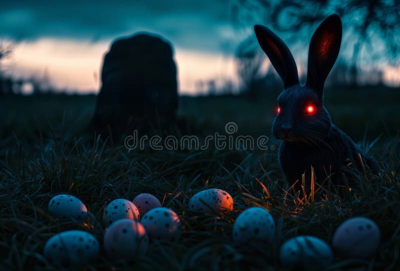Creepy Rabbit with Glowing Eyes Surrounded by Easter Eggs, Generative ...