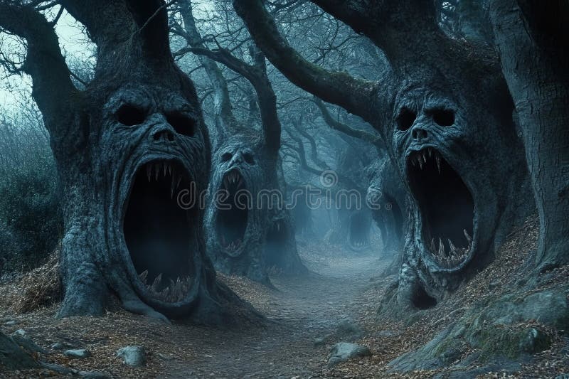 Creepy Forest with Gnarled Trees and Sinister Faces Emerging Stock ...