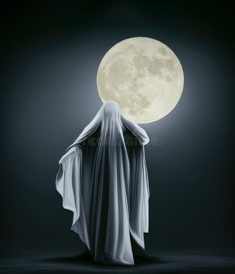 Scary Ghost in a Full Moon Night Stock Illustration - Illustration of ...