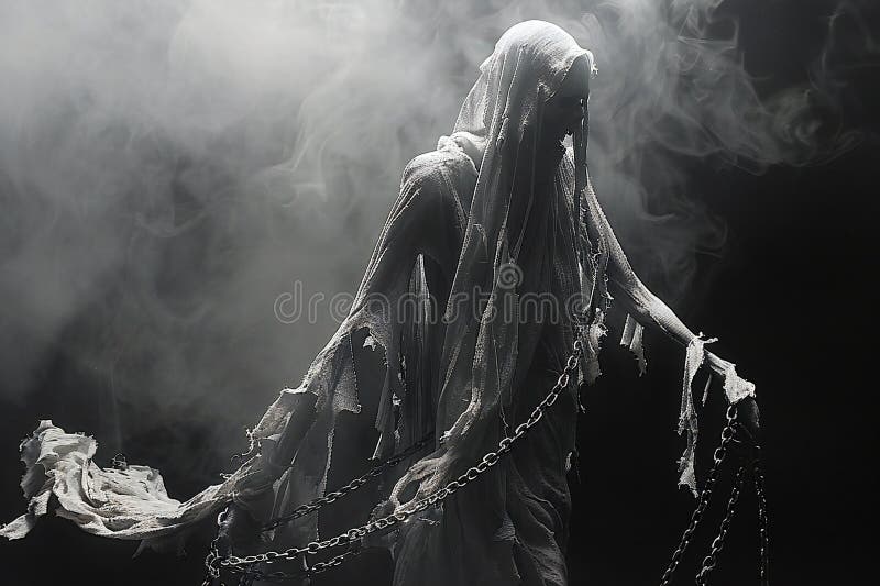 Creepy Ghost with Tattered Cape and Chain, Floating in the Darkness on ...