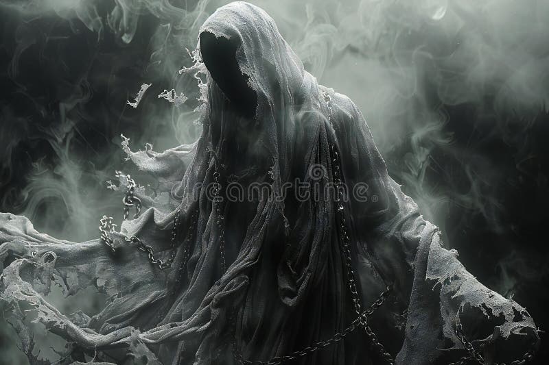 Creepy Ghost with Tattered Cape and Chain, Floating in the Darkness on ...