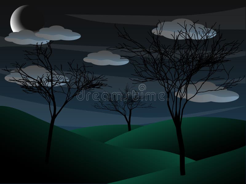 Creepy Grim Bare Tree Night Scene Half Moon Stock Vector - Illustration ...