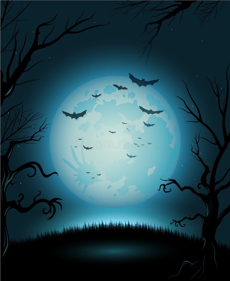Spooky Forest with Full Moon and Wooden Table Stock Illustration ...