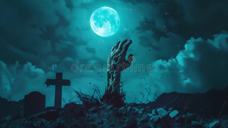 Creepy Hand Emerging from Graveyard with Full Moon in the Background ...
