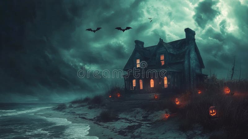 A Creepy Haunted House on a Stormy Coast Stock Illustration ...