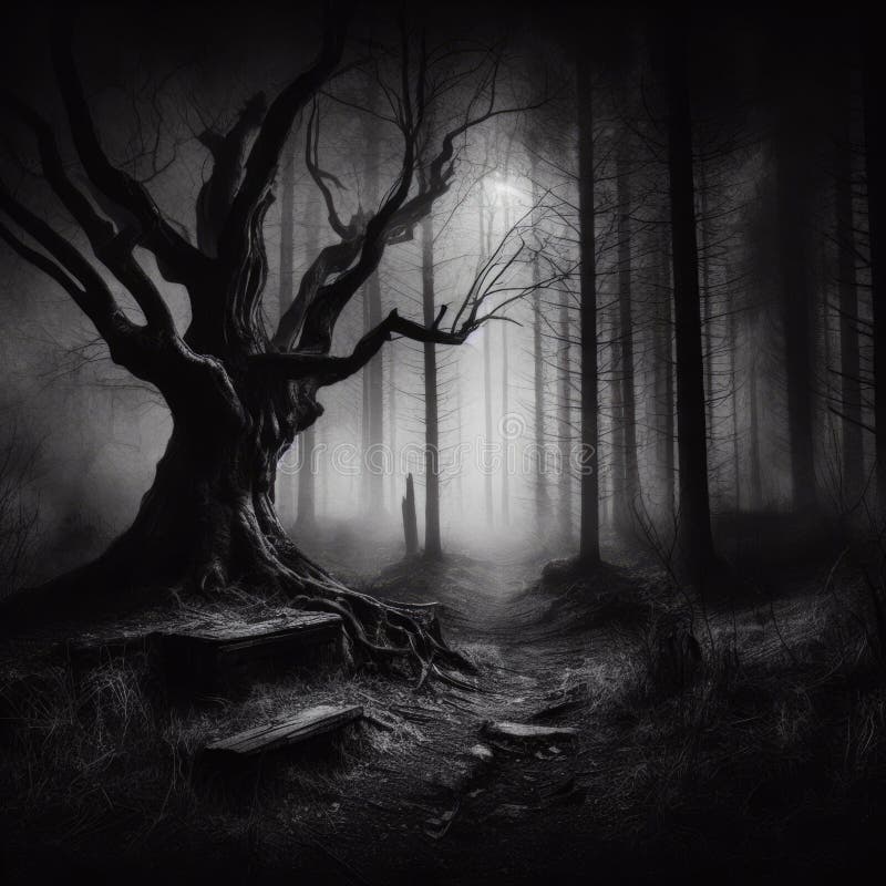 Creepy Horror Forest with Scary Tree. Stock Illustration - Illustration ...