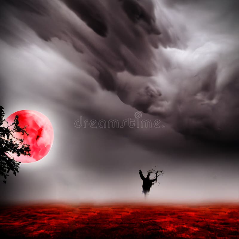 Creepy Horror Scene AI Generated Art Red Orb in Sky Distant Object ...