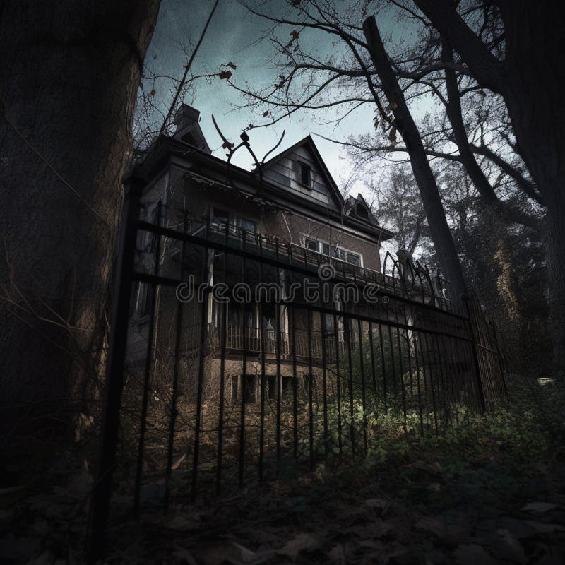 Creepy House Behind Iron Fence Stock Illustration - Illustration of ...