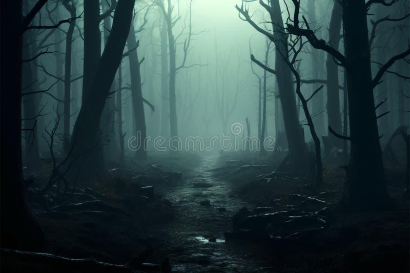 Creepy Landscape Dark Forest Shrouded in Haunted Mist, 3D Rendering ...