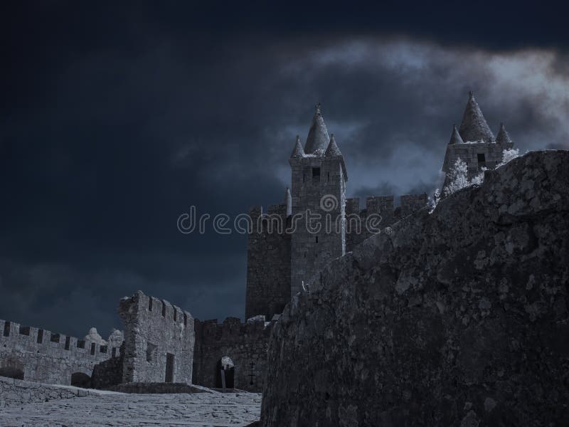 Creepy Medieval Castle by Night Stock Image - Image of building, grunge ...