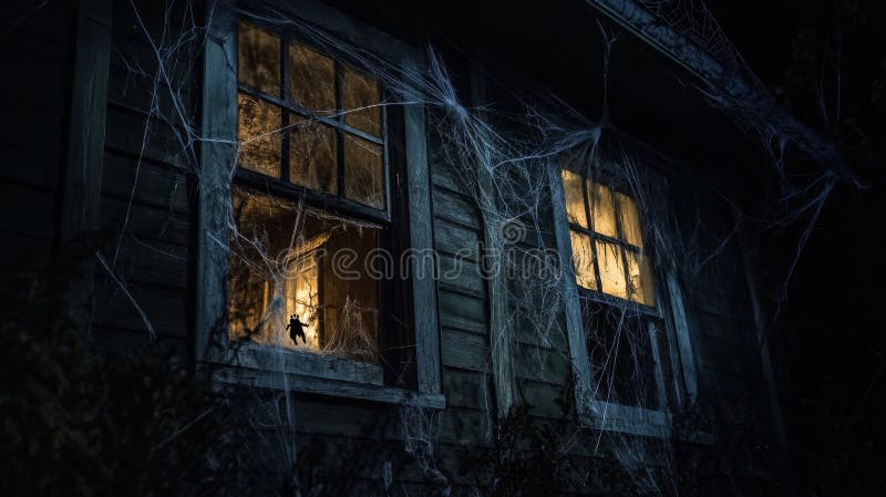 A Creepy Old House with Windows Covered in Cobwebs at Night Stock ...
