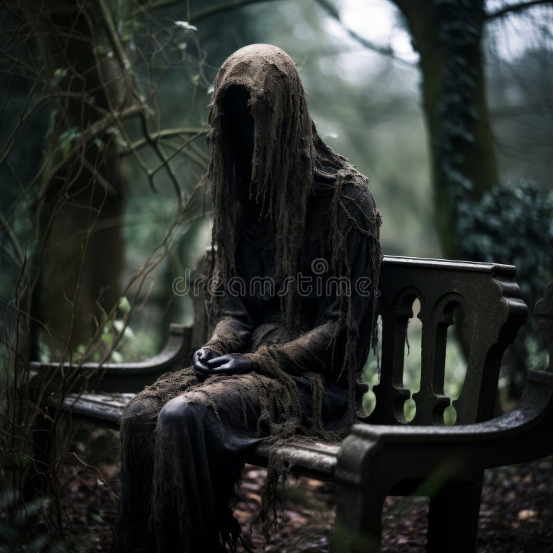 A Creepy Person Sitting on a Bench in the Woods Stock Illustration ...
