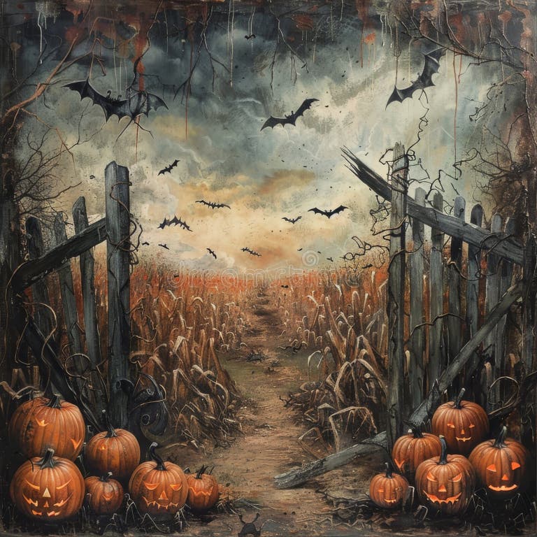Creepy Pumpkin Patch Halloween Backdrop Stock Illustration ...