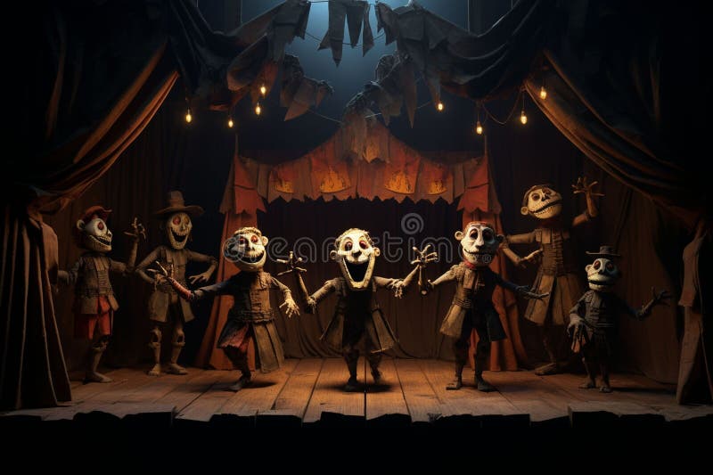 Creepy Puppet Theater Ghostly Puppets Performing Stock Illustration ...