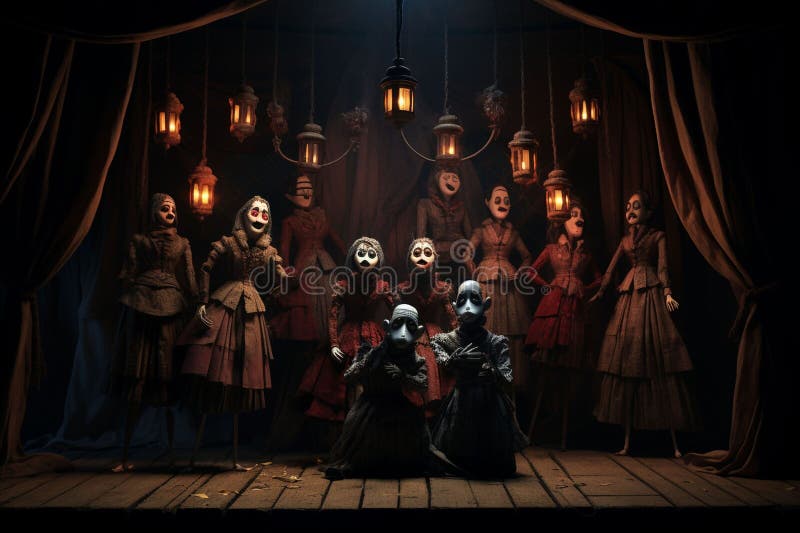 Creepy Puppet Theater Ghostly Puppets Performing Stock Illustration ...