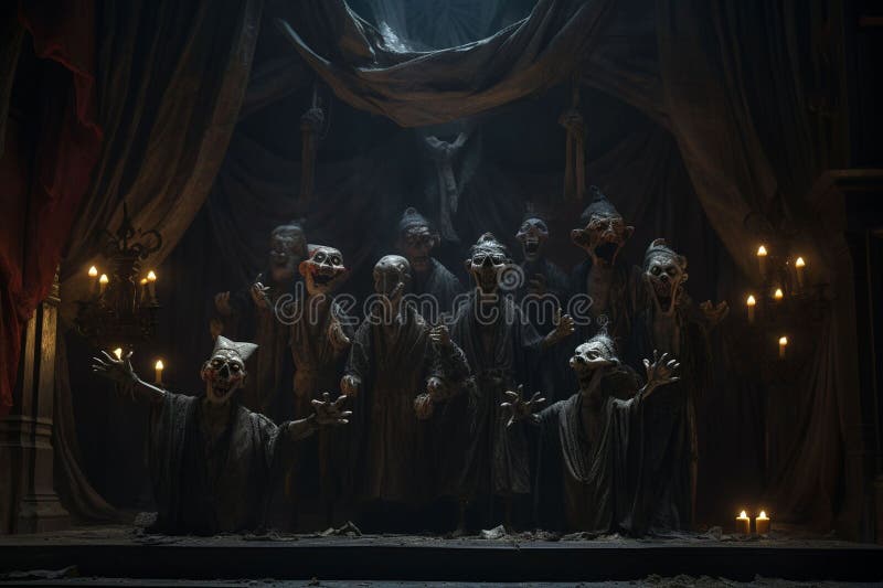 Creepy Puppet Theater Ghostly Puppets Performing Stock Illustration ...