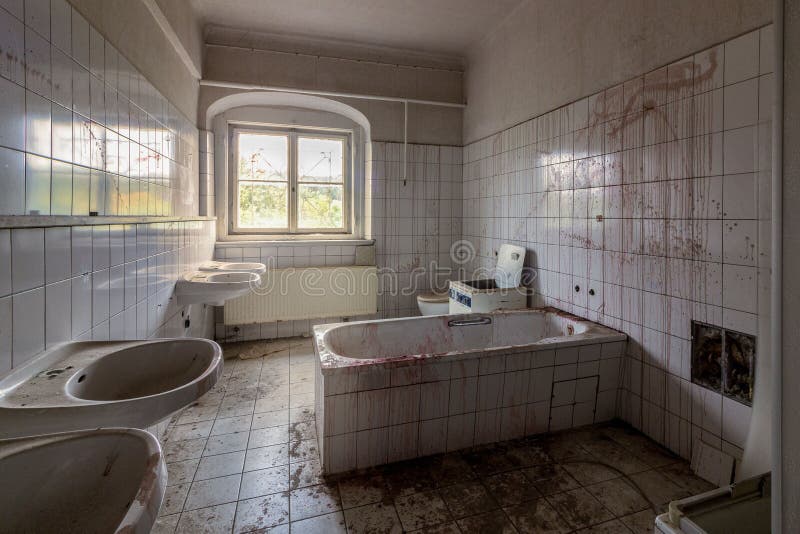 Creepy Scene in a Large White Bathroom with Blood Everywhere Stock ...