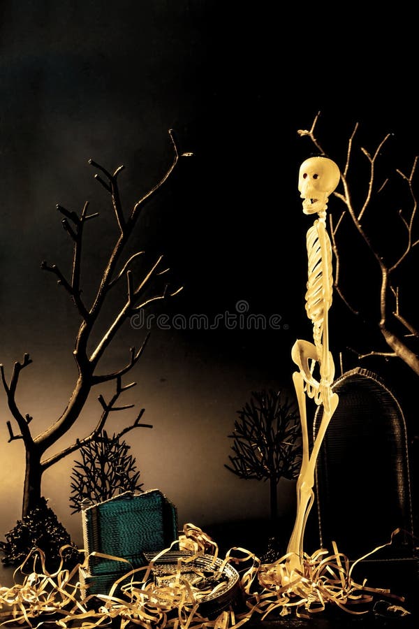 View of Skeleton Standing at the Graveyard on the Dark Night Stock ...
